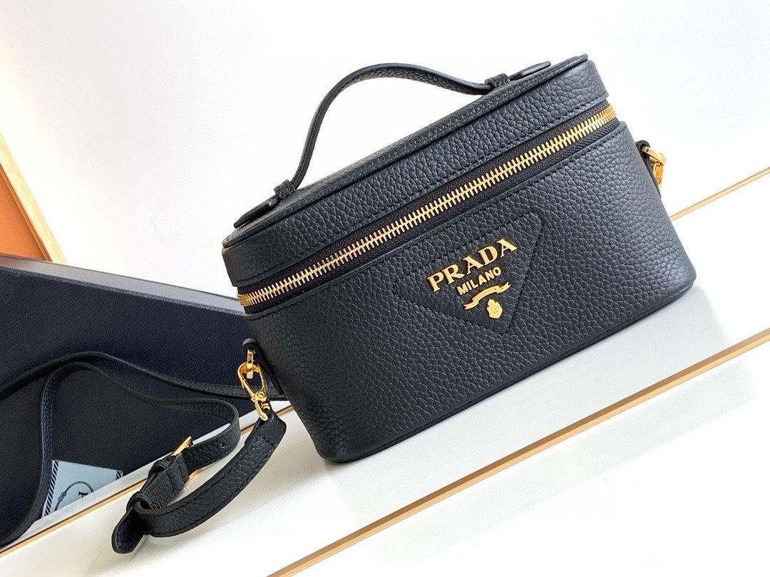 Replica Prada Mini Vanity Bag in Black Grained Leather