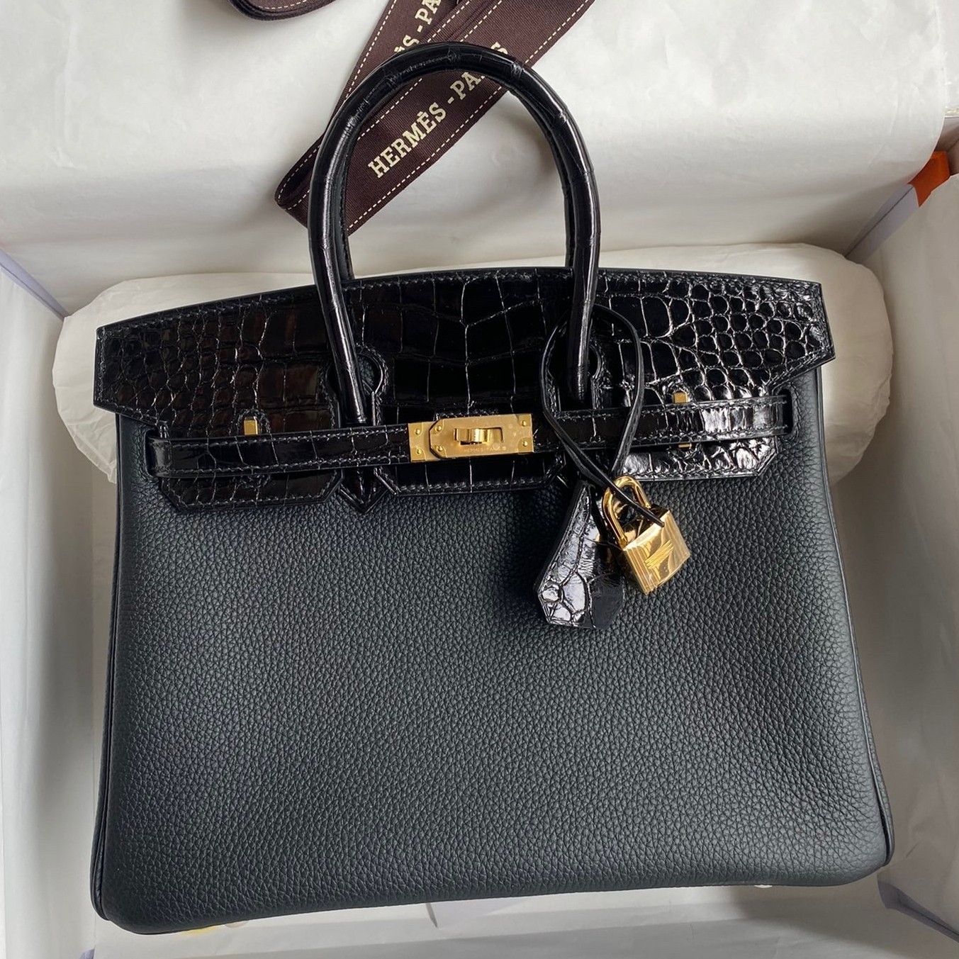 Replica Hermes Touch Birkin 25 Bag in Black Togo and Shiny Alligator ...