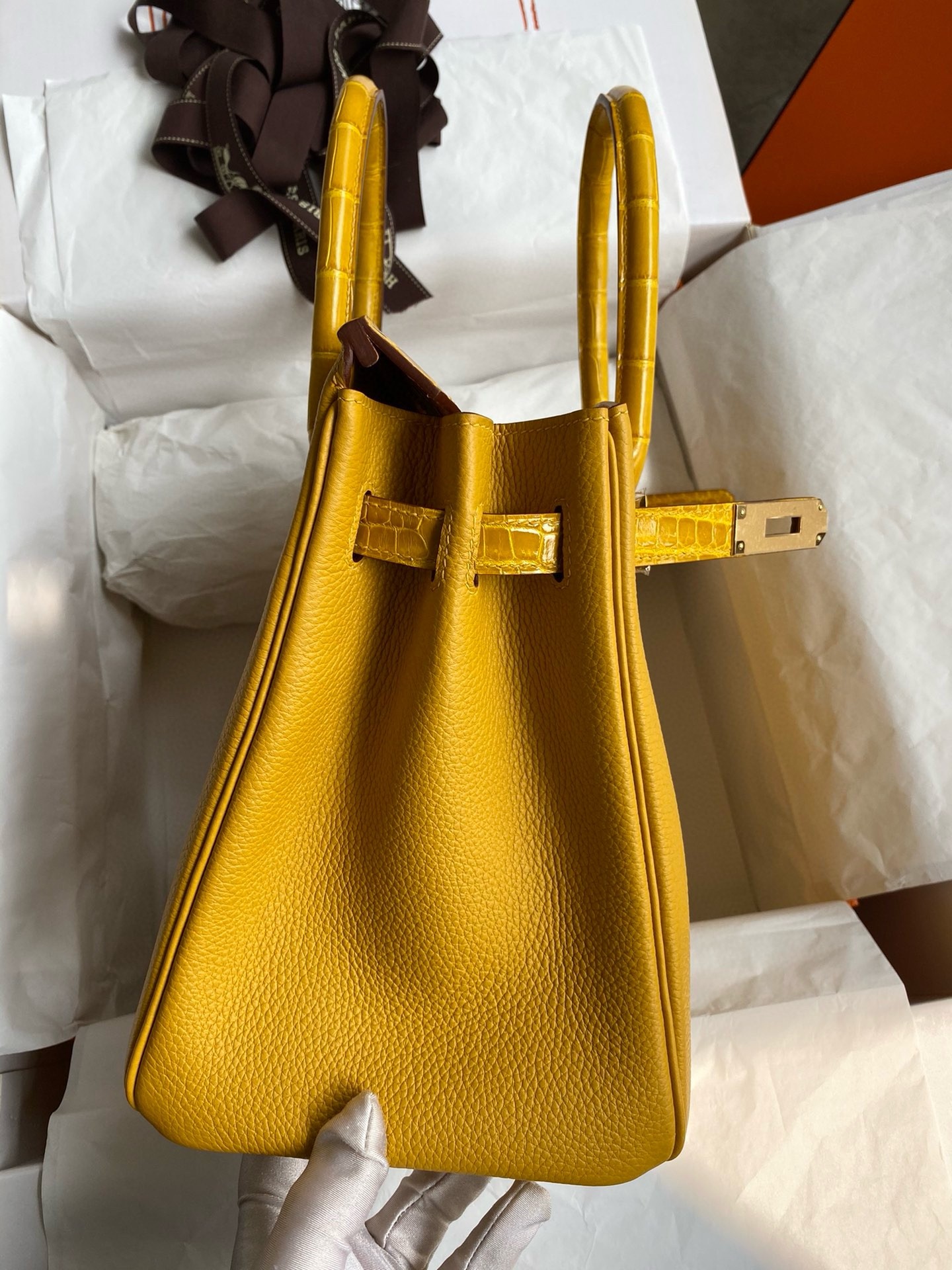Replica Hermes Touch Birkin 30 Bag In Yellow Clemence and Shiny ...