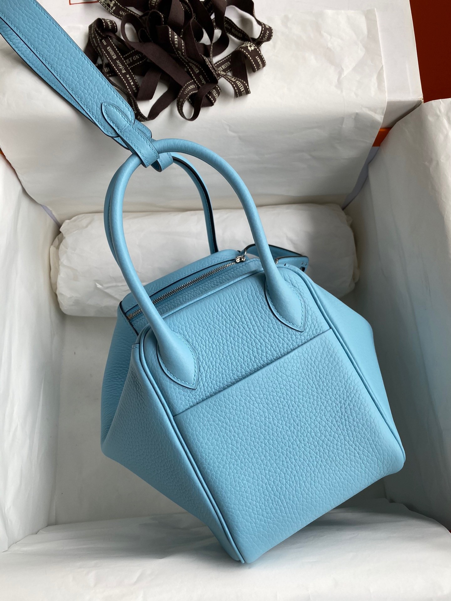 Replica Hermes Lindy 26 Handmade Bag In Blue Atoll Clemence Leather